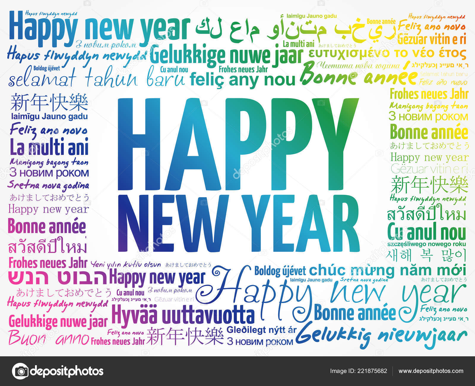 Happy New Year Different Languages Celebration Word Cloud Greeting Card ...