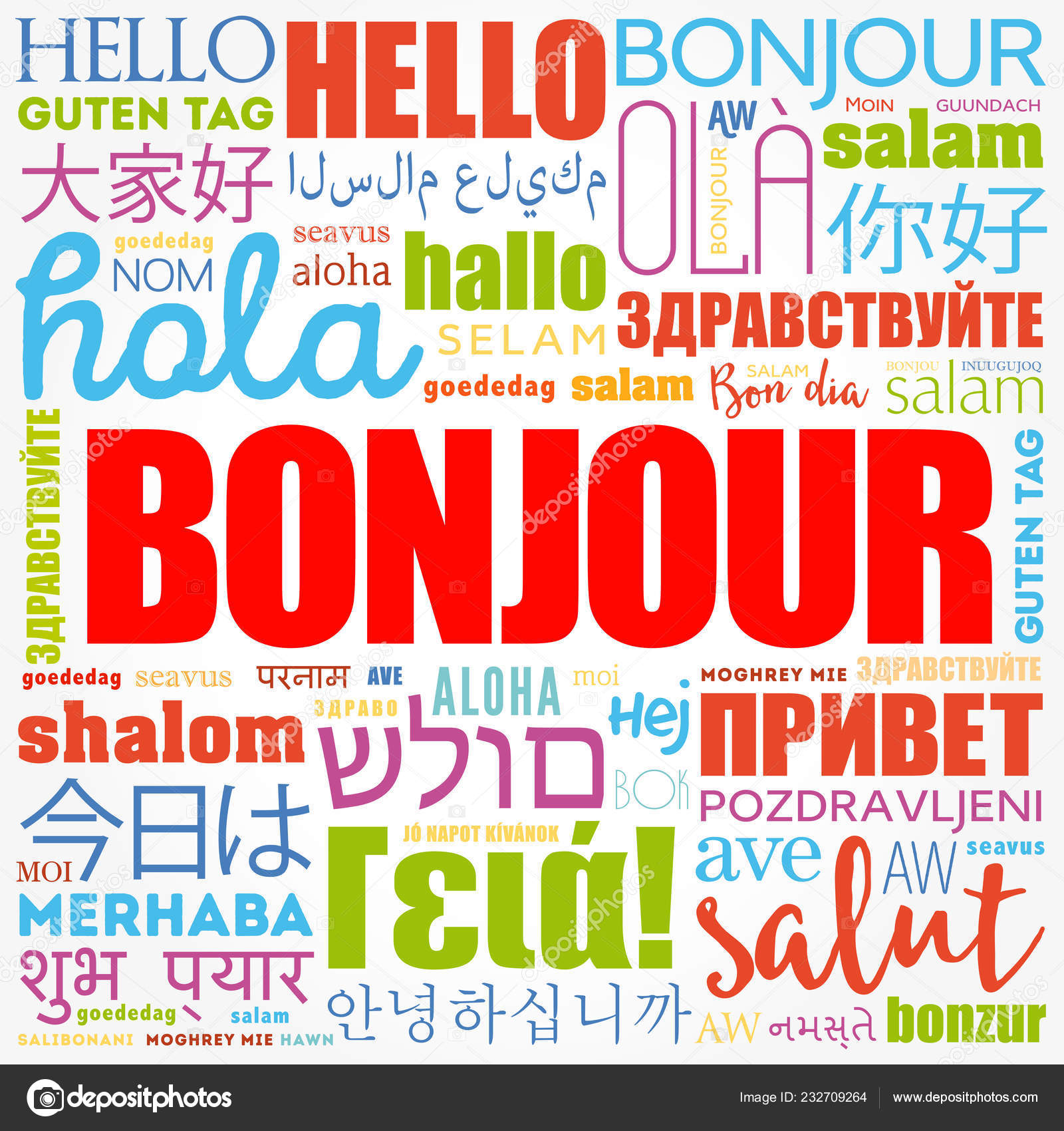 Bonjour Hello Greeting French Word Cloud Different Languages World ...