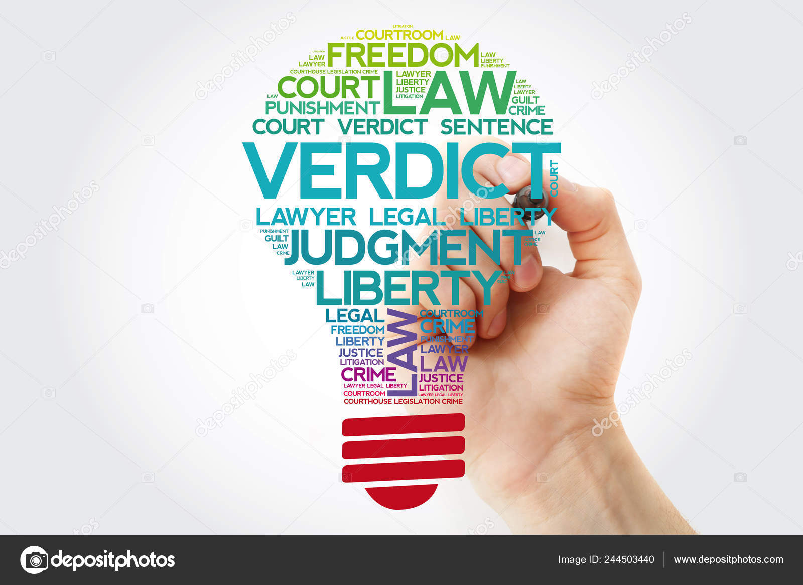 Verdict Bulb Word Cloud Collage Marker Law Concept Background — Stock ...