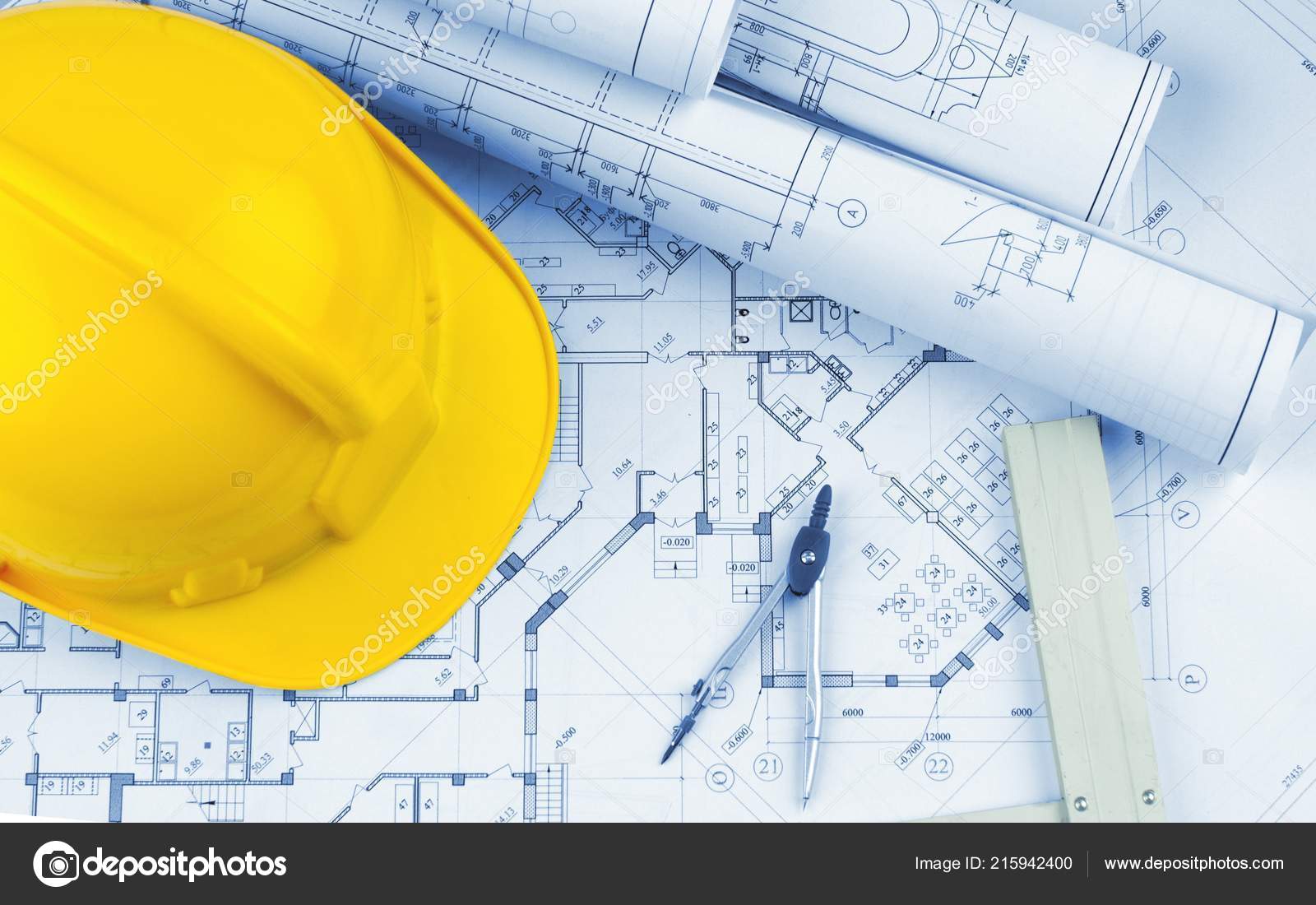 Yellow Hard Hat Blueprints Construction Concept — Stock Photo ...