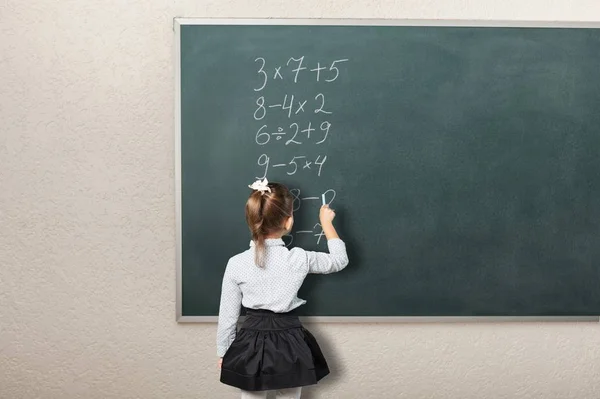 Algebra Background Little Girl Writing Calculations Blackboard Stock ...