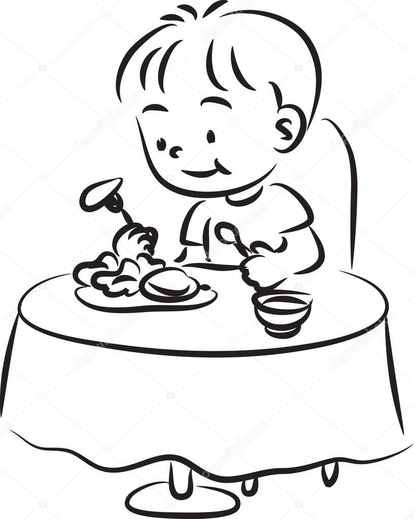 Ilustración Dibujos Animados Blanco Negro Niño Comiendo Almuerzo Vector de stock por ©wenpei ...