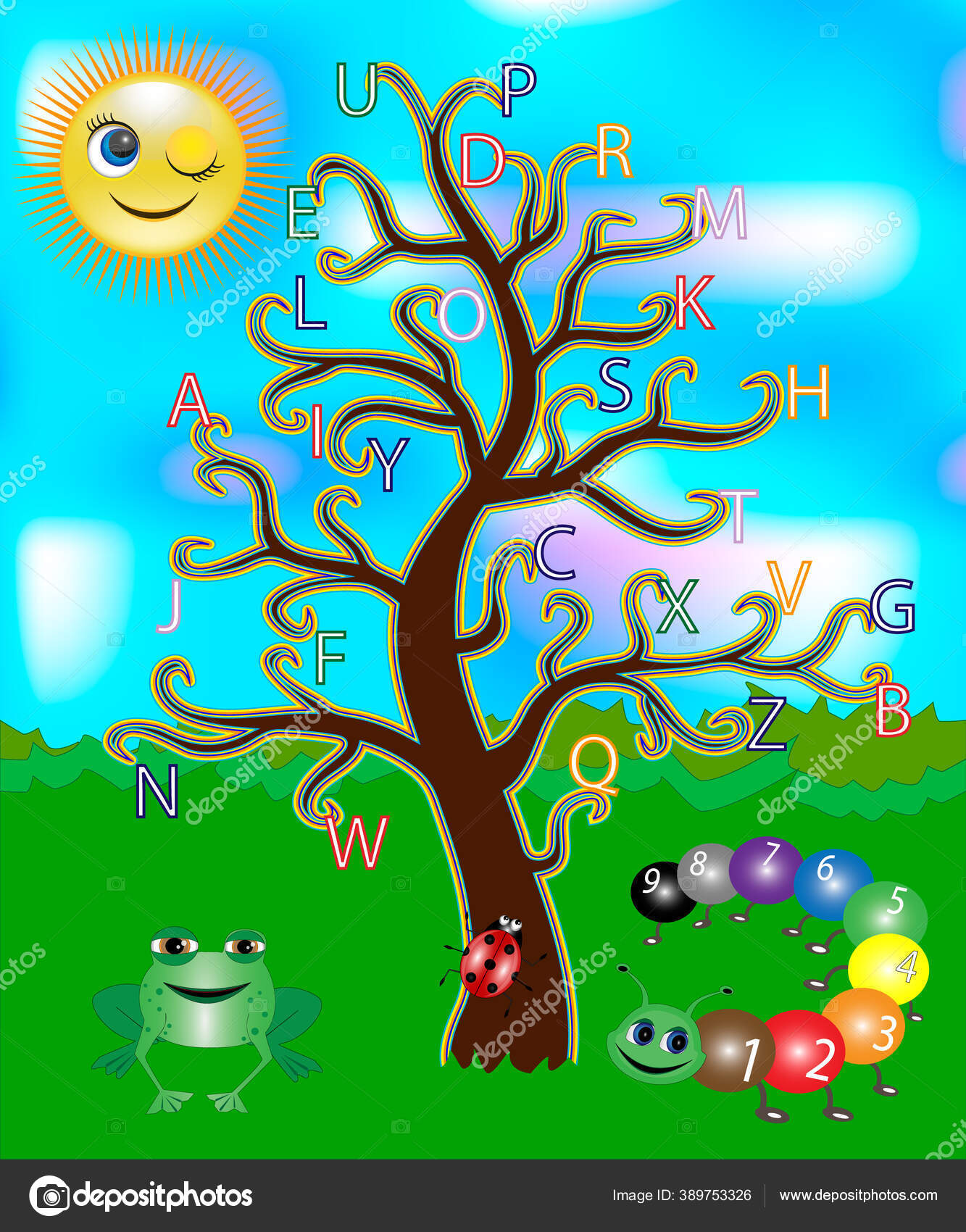 Letters of the alphabet on a tree. Bright and colorful alphabet for ...