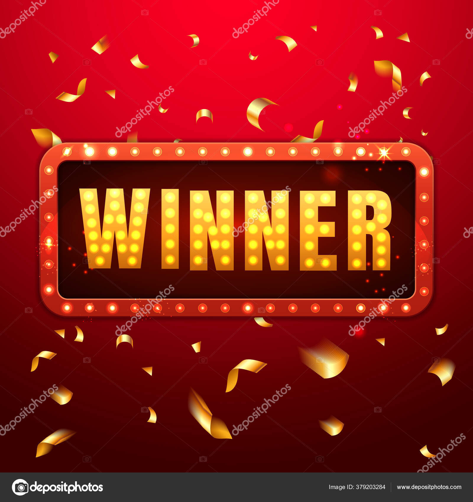 Winner red retro banner with glowing lamps. Win congratulation vintage ...