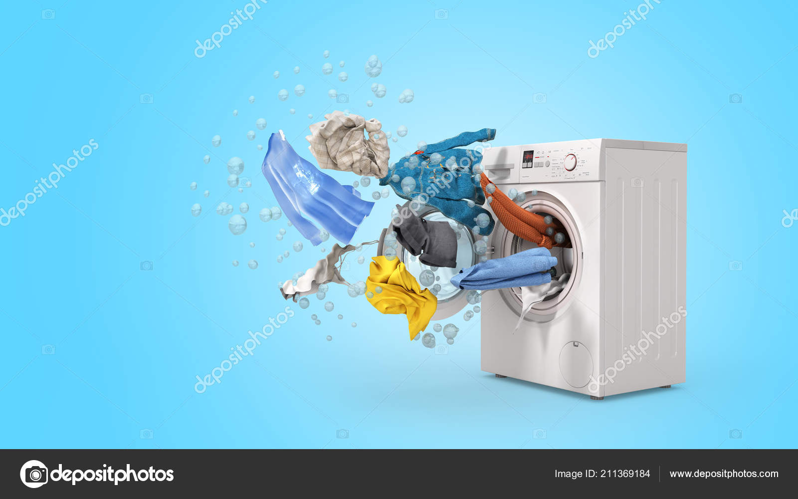 Washing Machine Flying Clothes Blue Background Stock Photo by ...