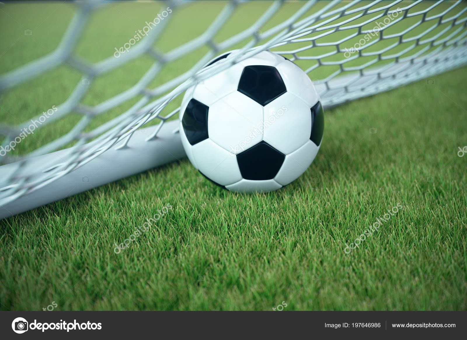 3D-Darstellung des Fußballs im Tor. Fußball im Netz mit Scheinwerfer ...