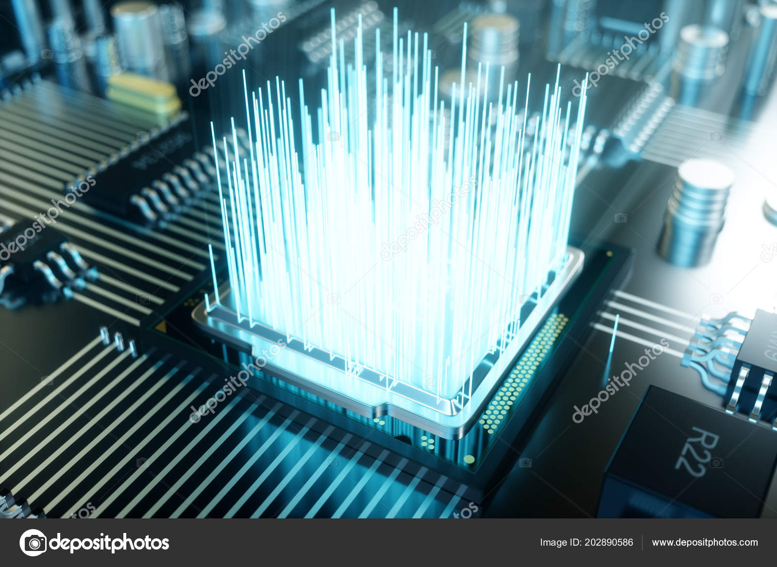 3D illustration computer chip, a processor on a printed circuit board ...