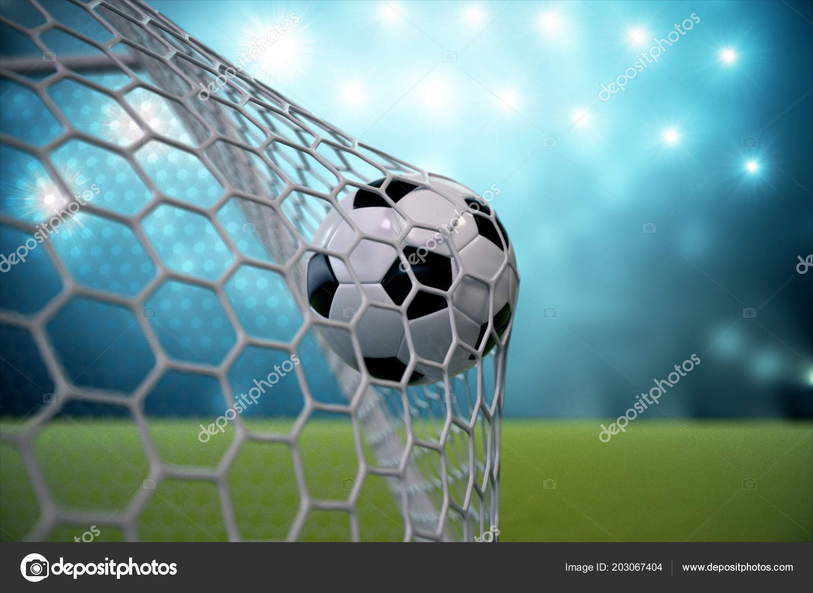 3d rendering fodbold i mål. Fodbold i net med spotlight og stadion lys ...