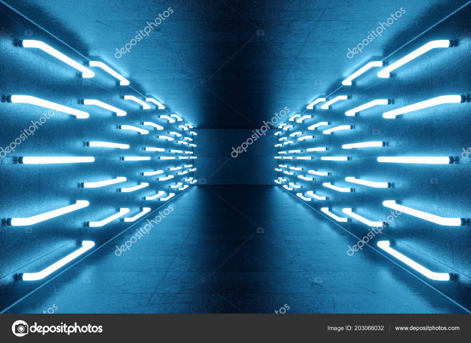 3D renderização azul-matiz Corredor iluminado com luz de néon azul. Luz ...