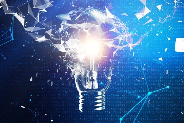 3D illustration exploding light bulb on a blue background, concept creative thinking and ...