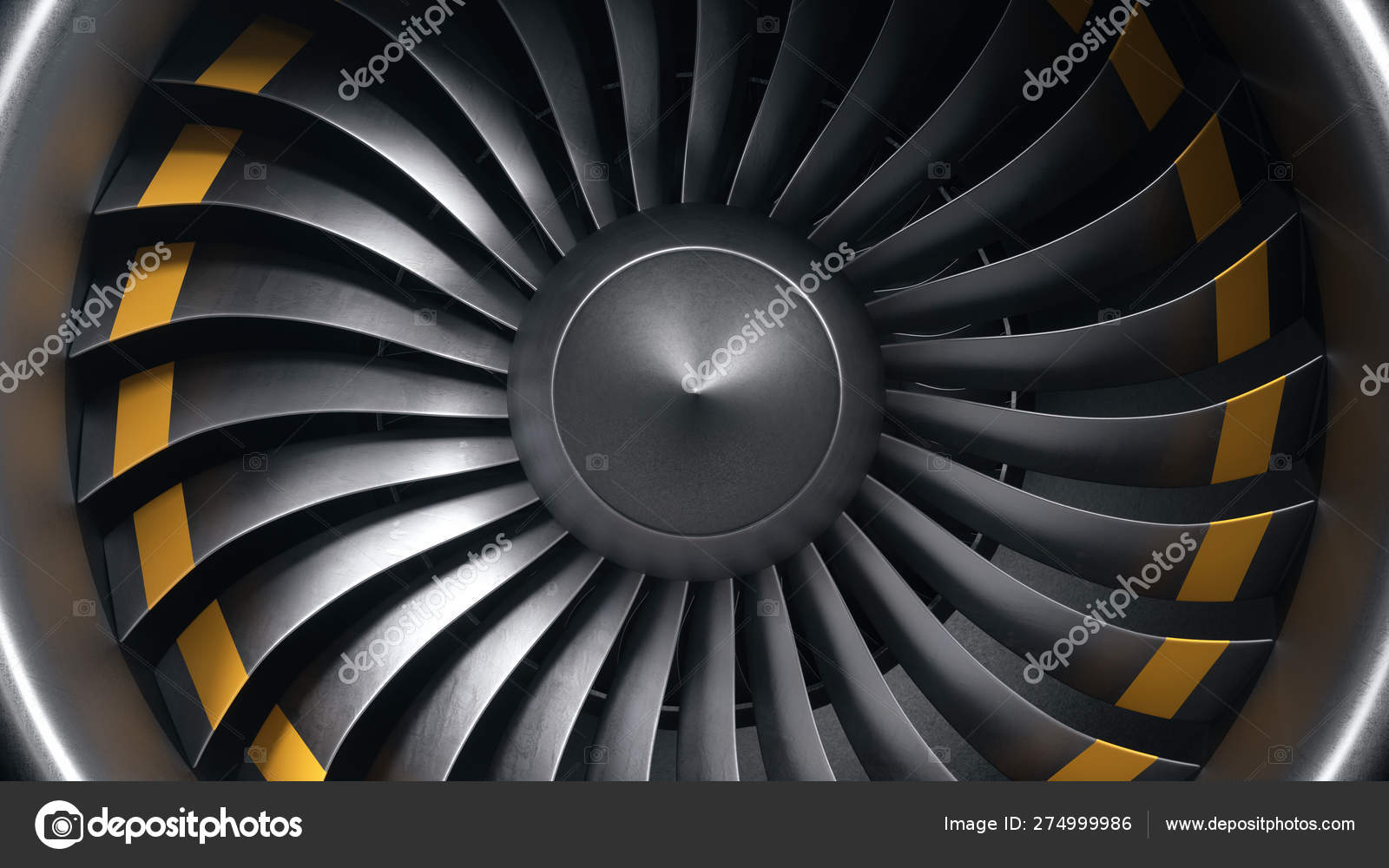 3D illustration jet engine, close-up view jet engine blades. Front view ...
