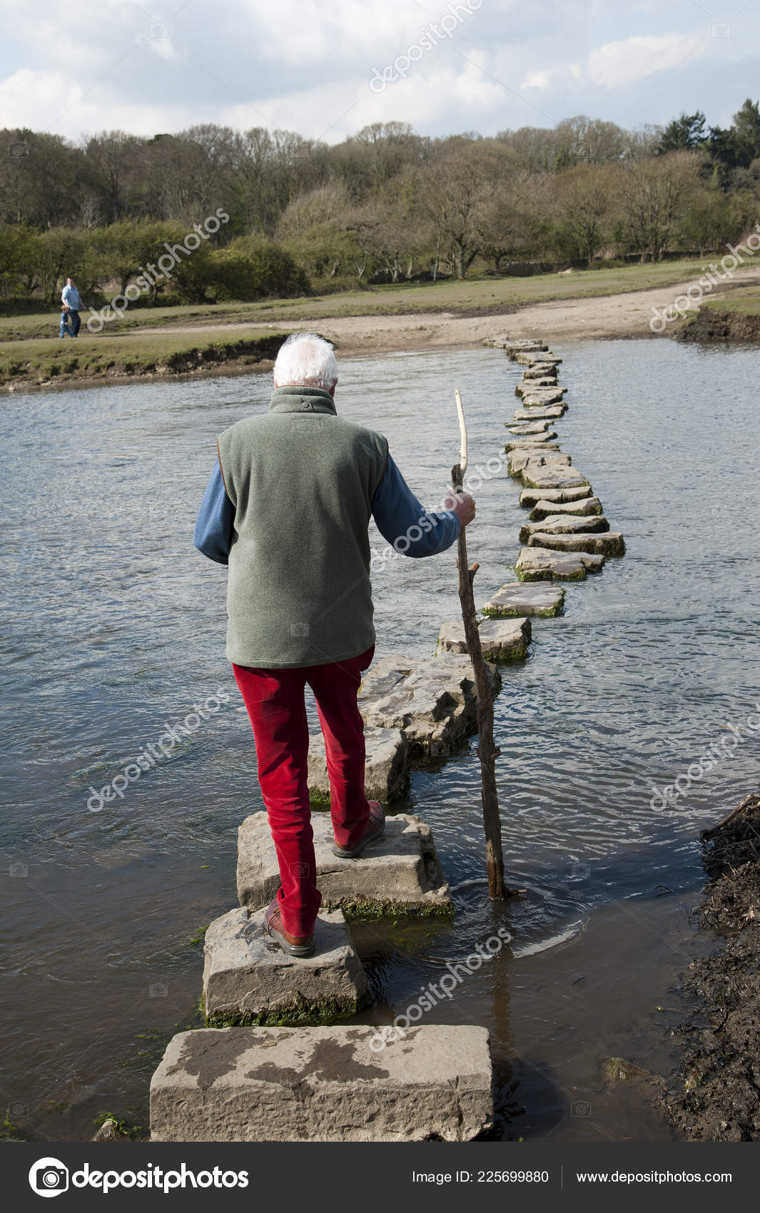 Elderly Man Walking Stepping Stones River Ewenny Ogmore Vale Glamorgan ...