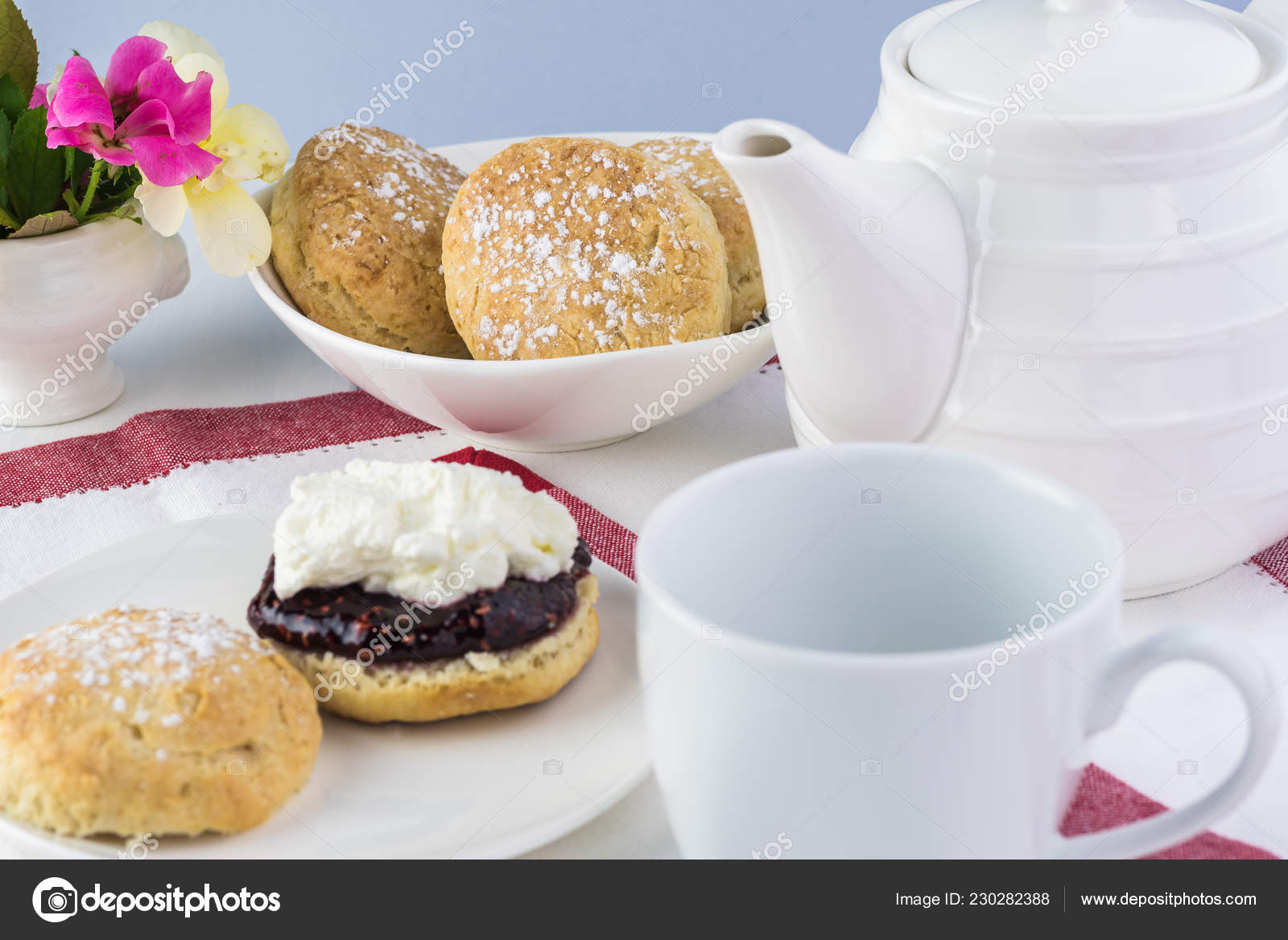 Close Delicious English Scones Raspberry Jam Clotted Cream Tea Cup ...