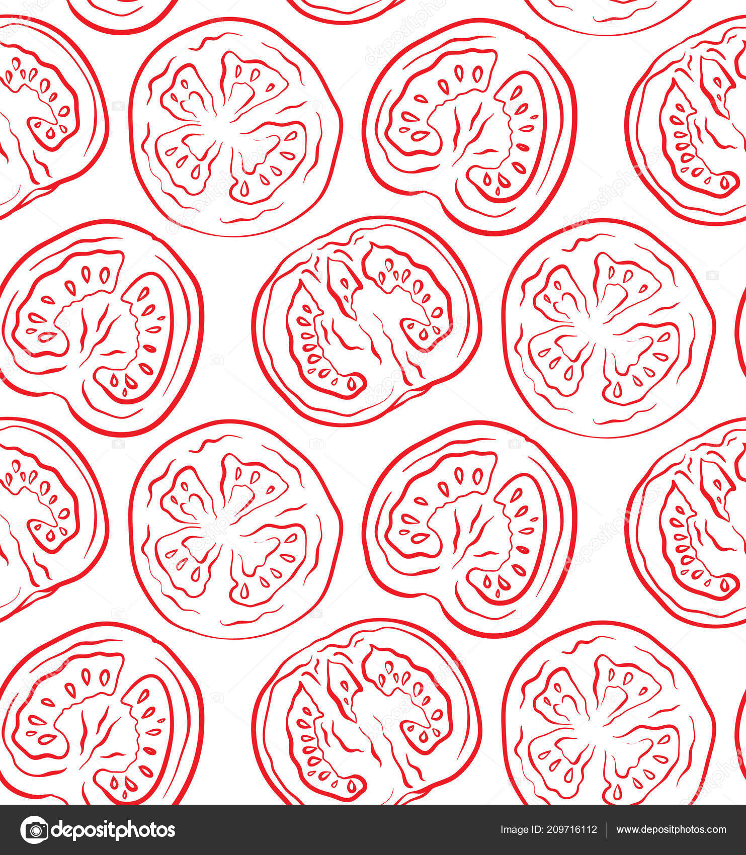 Seamless Pattern Tomatoes Cut Vector Outline Illustration Vegetable ...