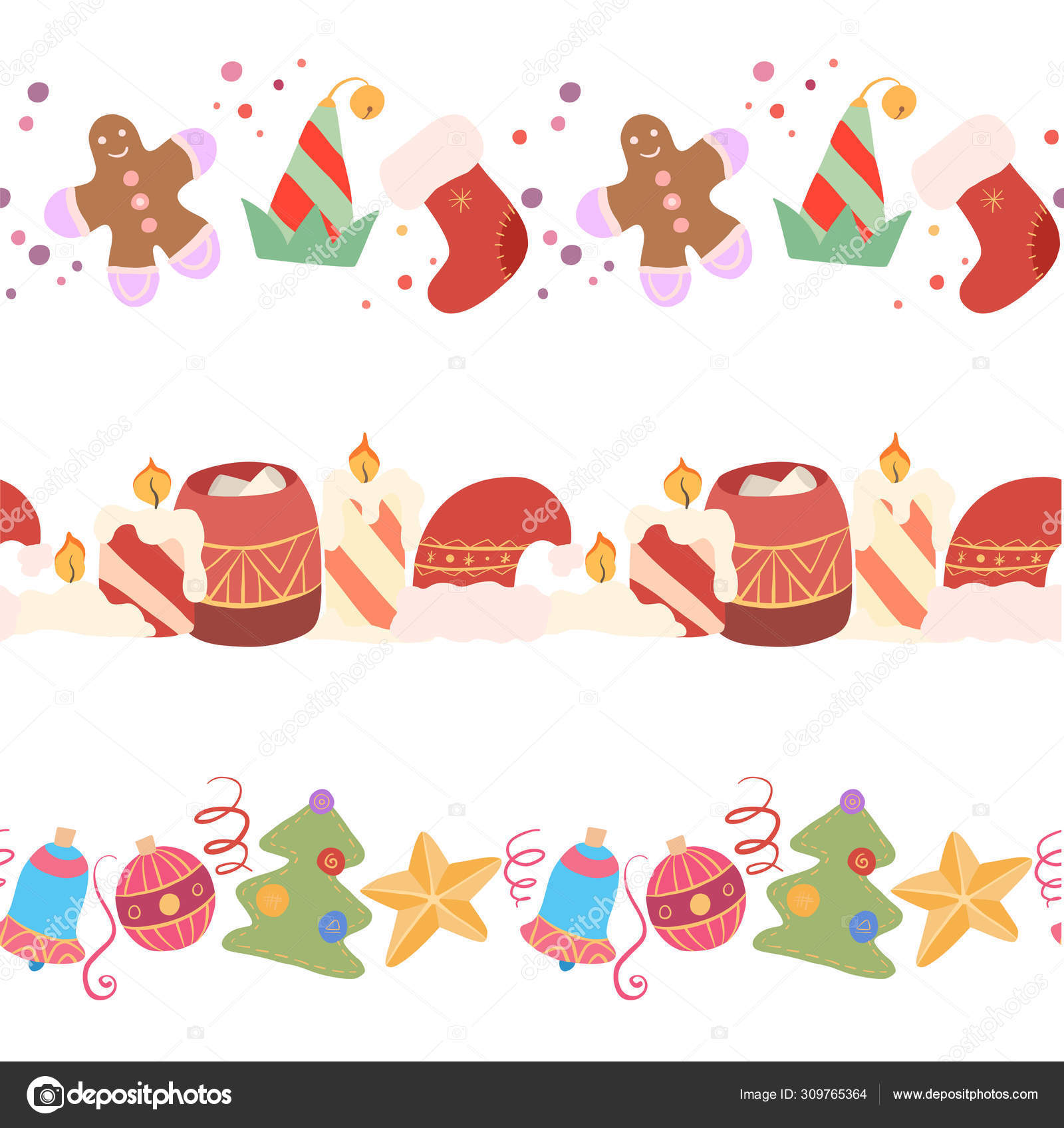 Set of seamless festive borders. Frame with candles, santa and elf ...