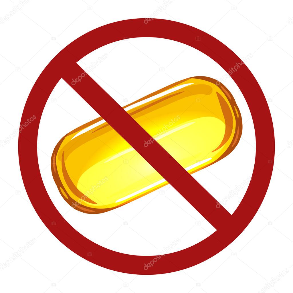 Píldoras planas de dibujos animados en señal de prohibición. La ...
