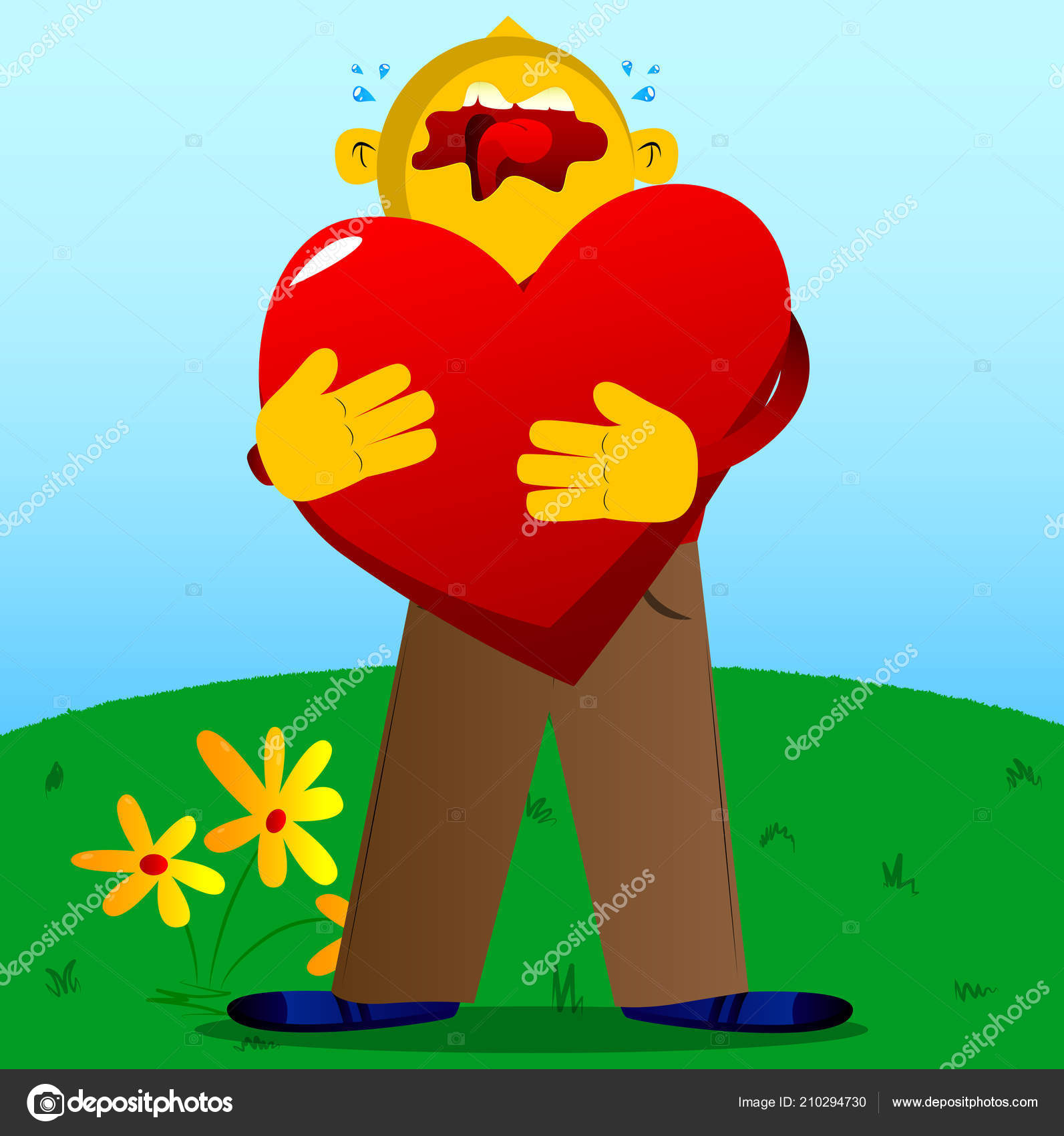 Gele Man Knuffelen Groot Rood Hart Vectorillustratie Cartoon ...