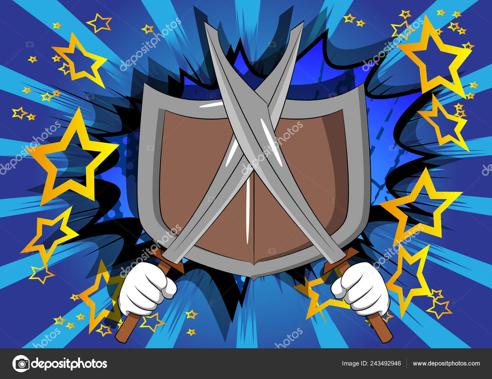 Vector Cartoon Hands Holding Two Swords Shield Illustrated Sign Comic ...