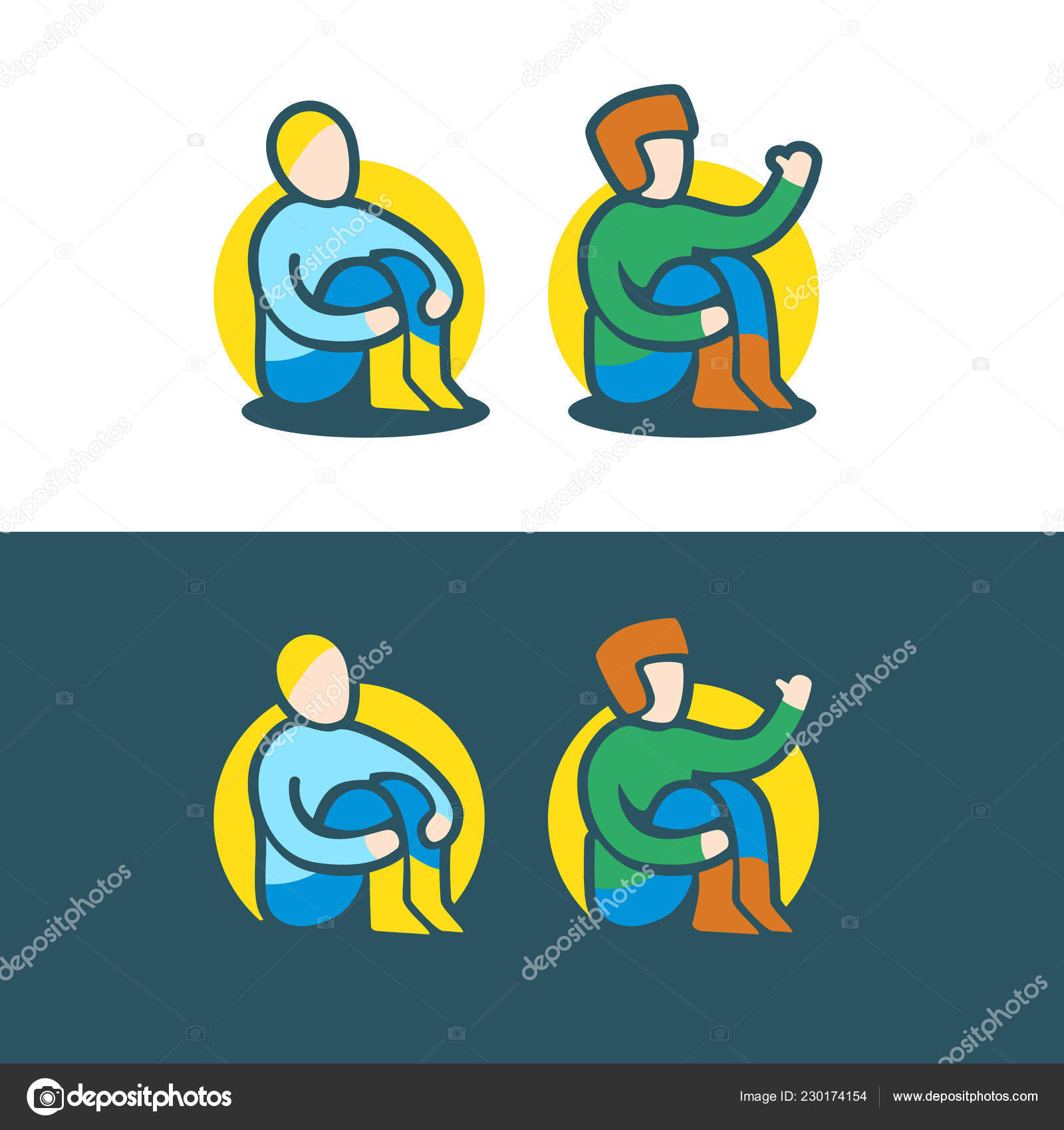 Set Illustrations Teenager Sitting Hugging His Knees — Stock Vector ...