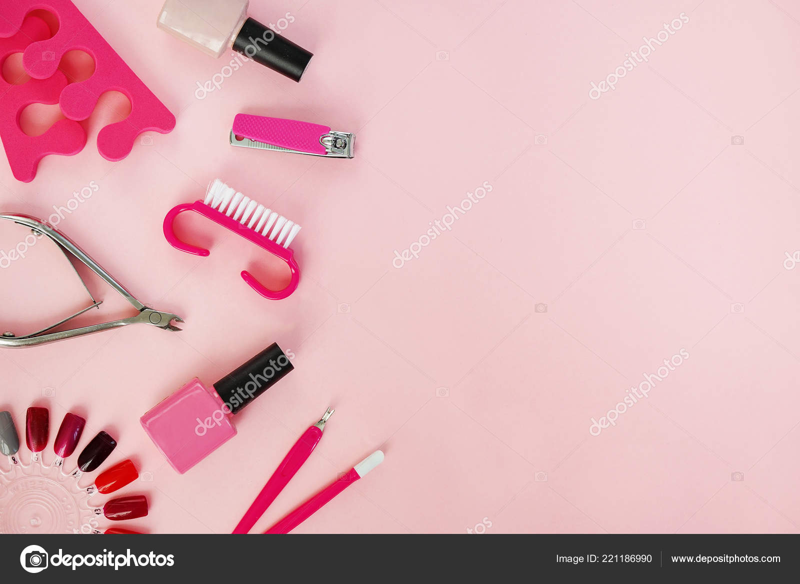 Top View Various Manicure Tools Pink Background — Stock Photo ...