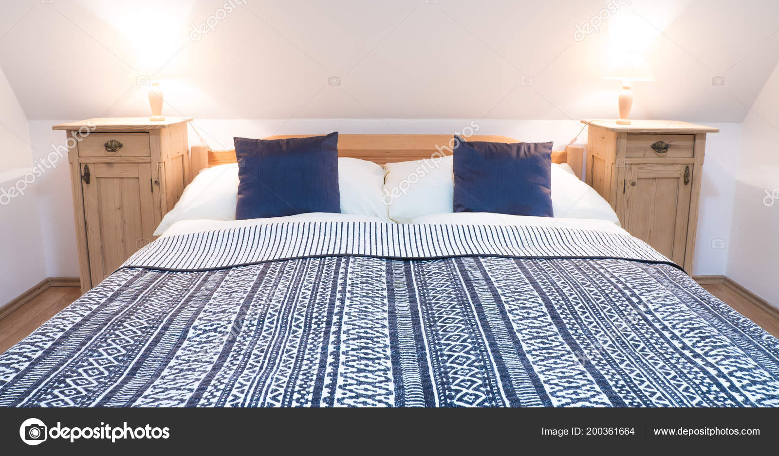 Cozy Rustic Wooden Bed Rural Room Wood Double Bed Bedside Stock Photo ...