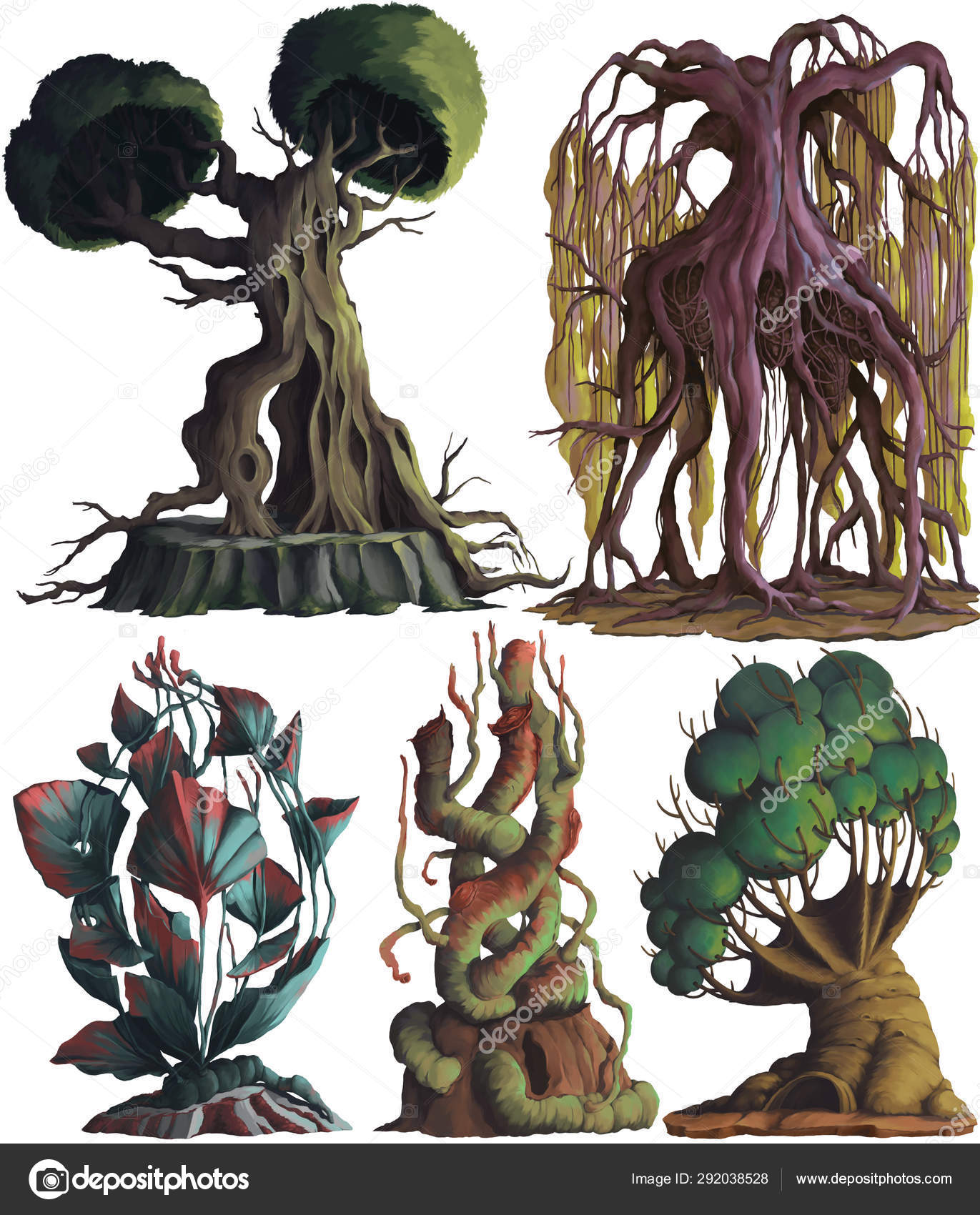 Fantasy Trees Plants Set Concept Design Digital Art Isolated White ...