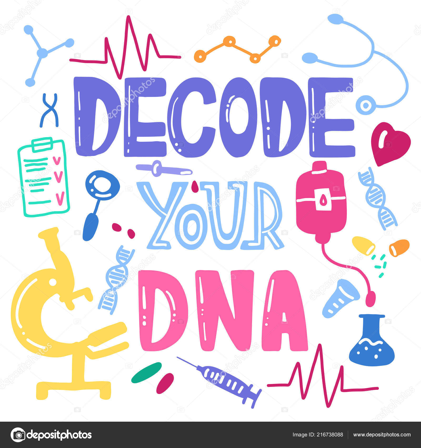 Decode your dna lettering for posters, card. Vector scientific m ...