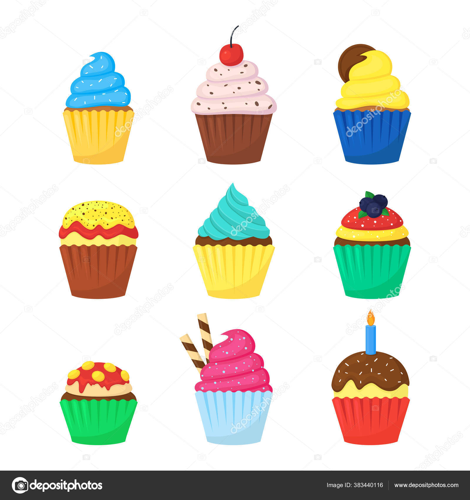 Cute Delicious Colorful Muffins Set Sweet Toppings Food Dessert Cafe ...