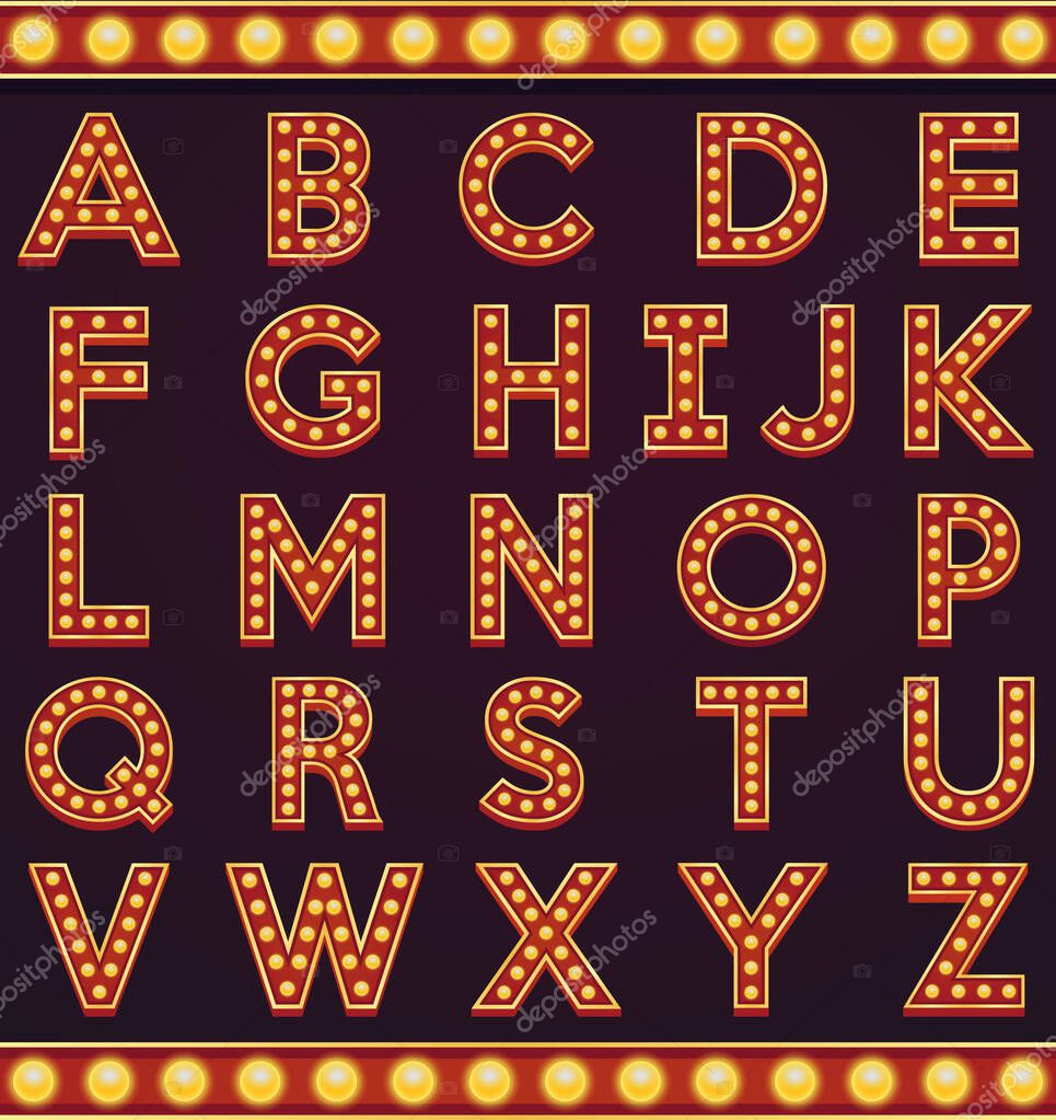 Letra alfabeto signo carpa bombilla vintage carnaval o circo estilo 2024