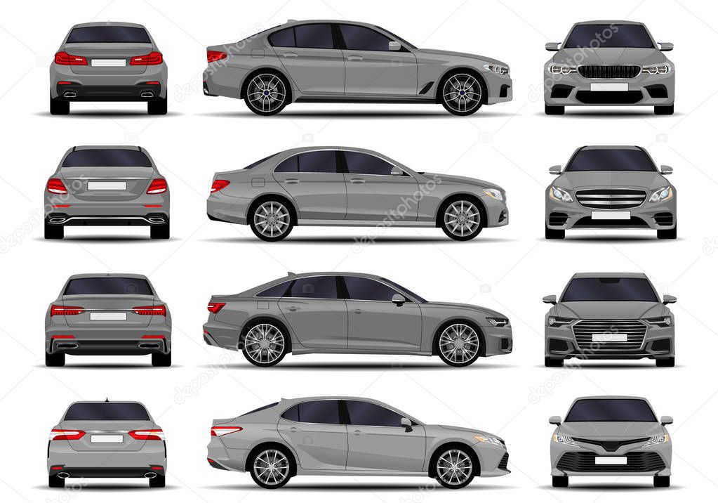 Coches realistas listos. sedán. vista frontal; vista lateral; vista ...