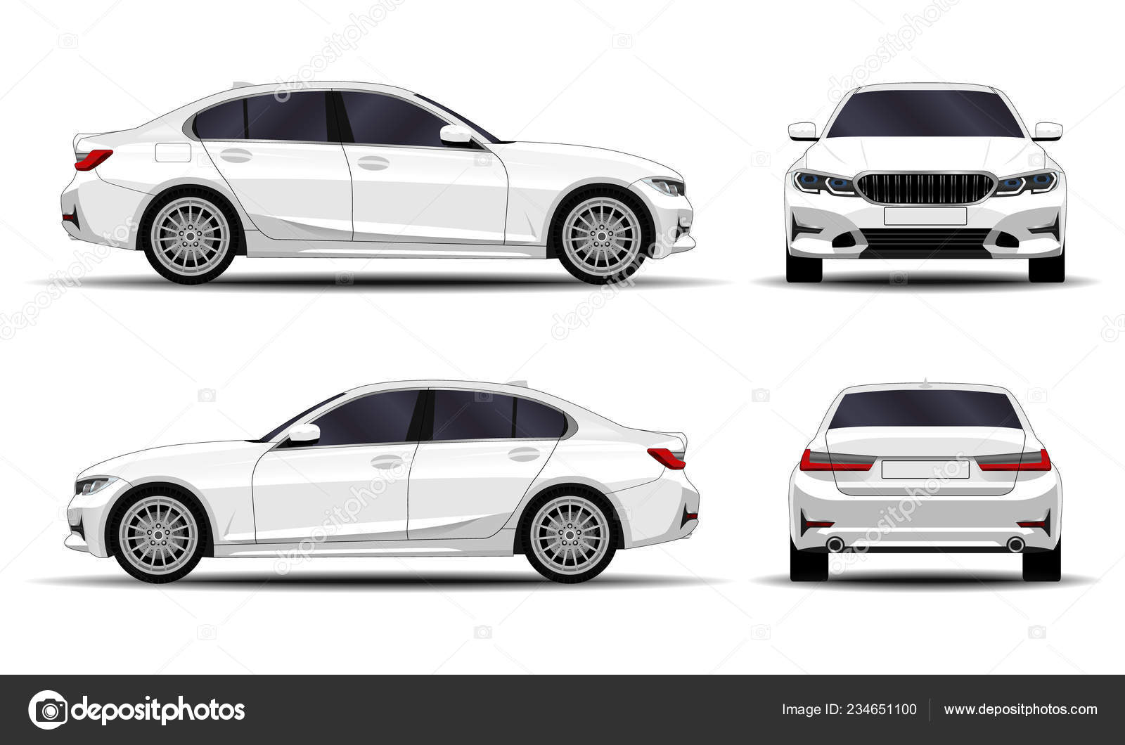 Realistic Car Sedan Front View Side View Back View ⬇ Vector Image by ...