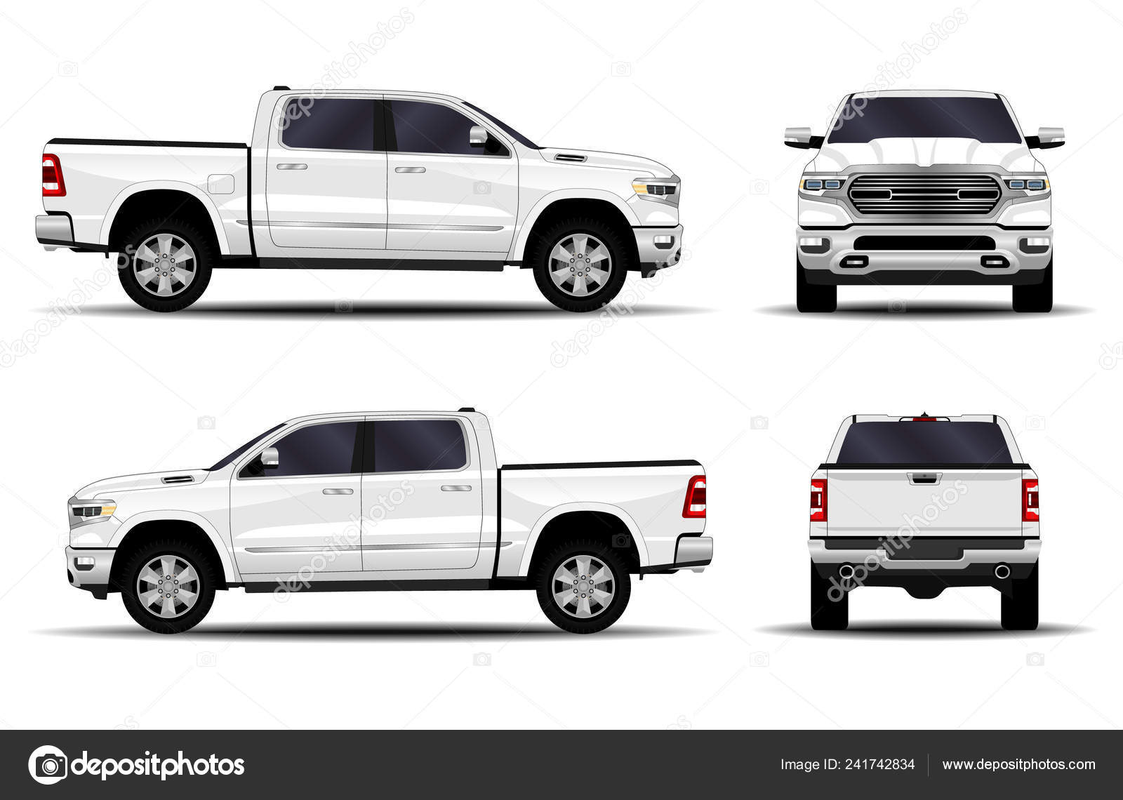 Realistic Car Truck Pickup Front View Side View Back View Stock Vector ...
