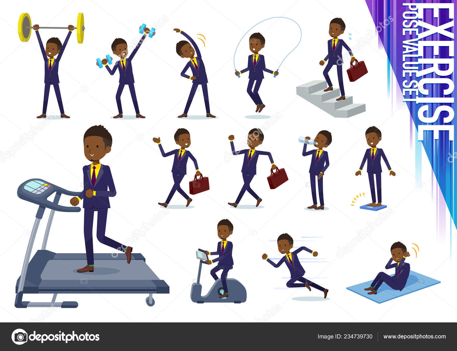 Set African American Businessman Exercise Sports Various Actions Move ...