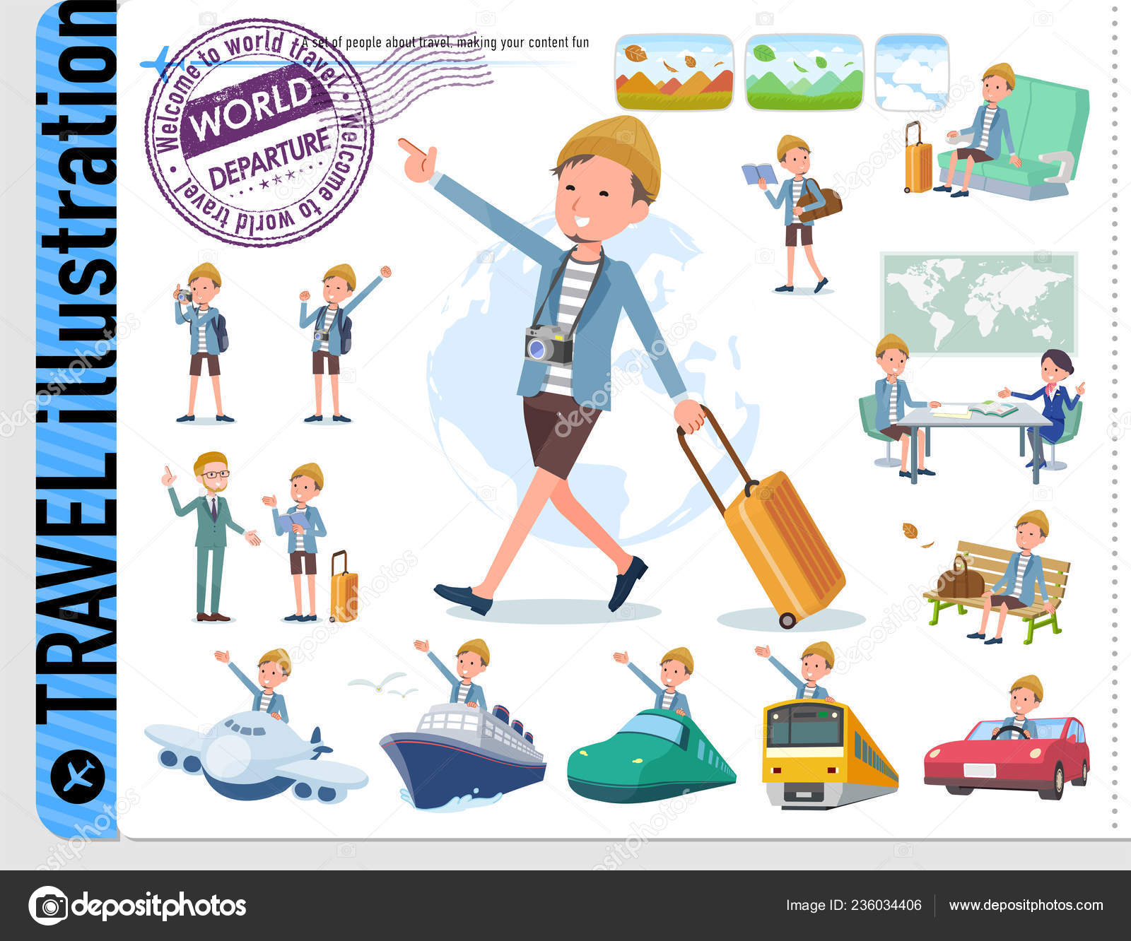 Set Young Man Travel Also Vehicles Boats Airplanes It's Vector Stock ...