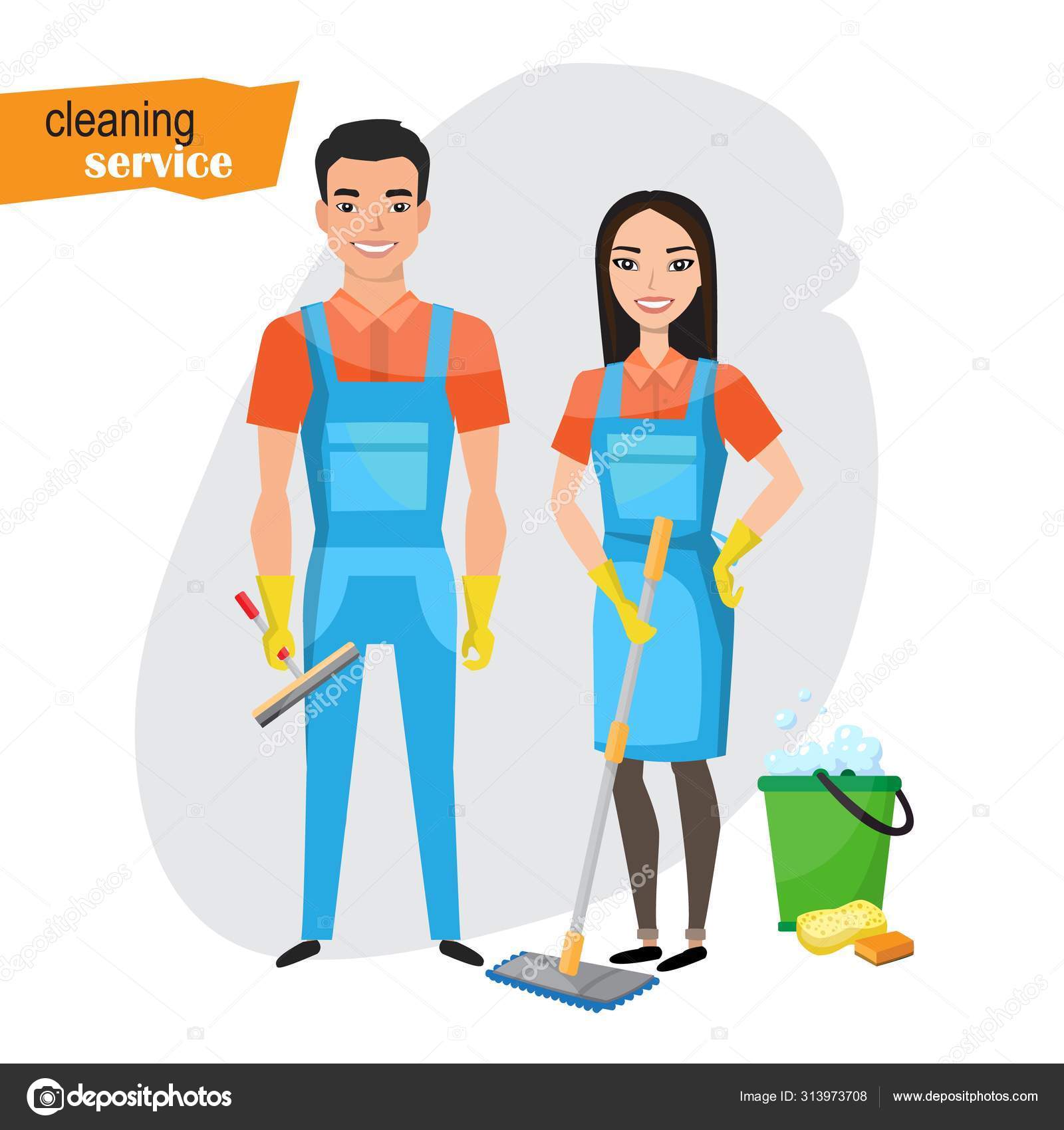 Professional cleaners team. Young smiling asian couple are holding ...