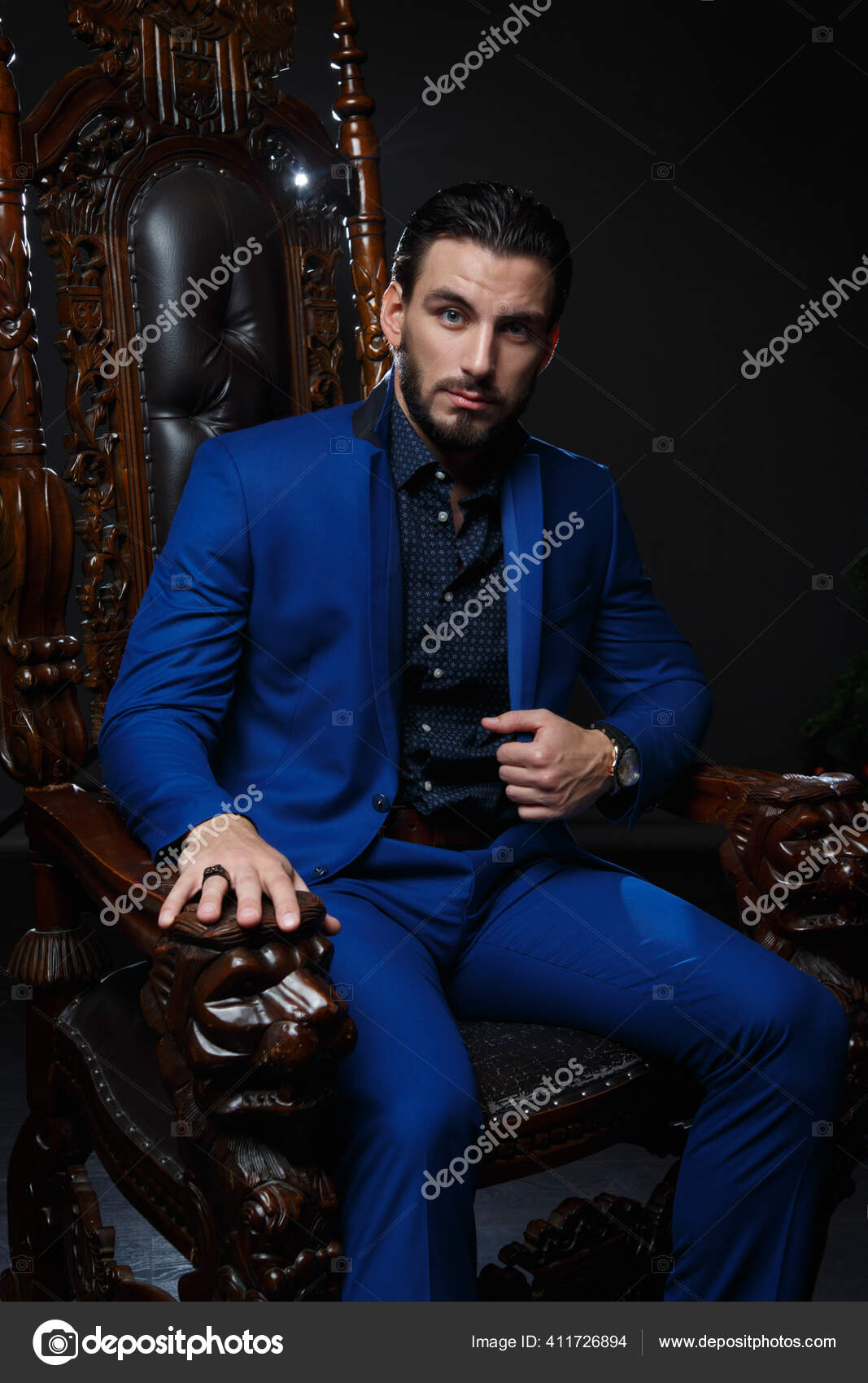 Elegant Man Classic Blue Suit Sitting Carved Wooden Chair Dark Stock ...