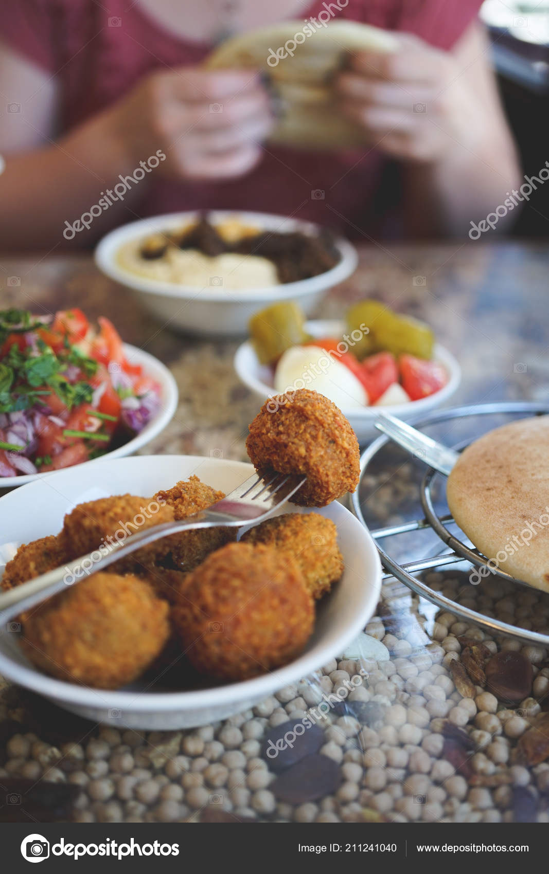 Girls Having Israeli Lunch Falafels Hummus Set Salad Pitas Jerusalem ...
