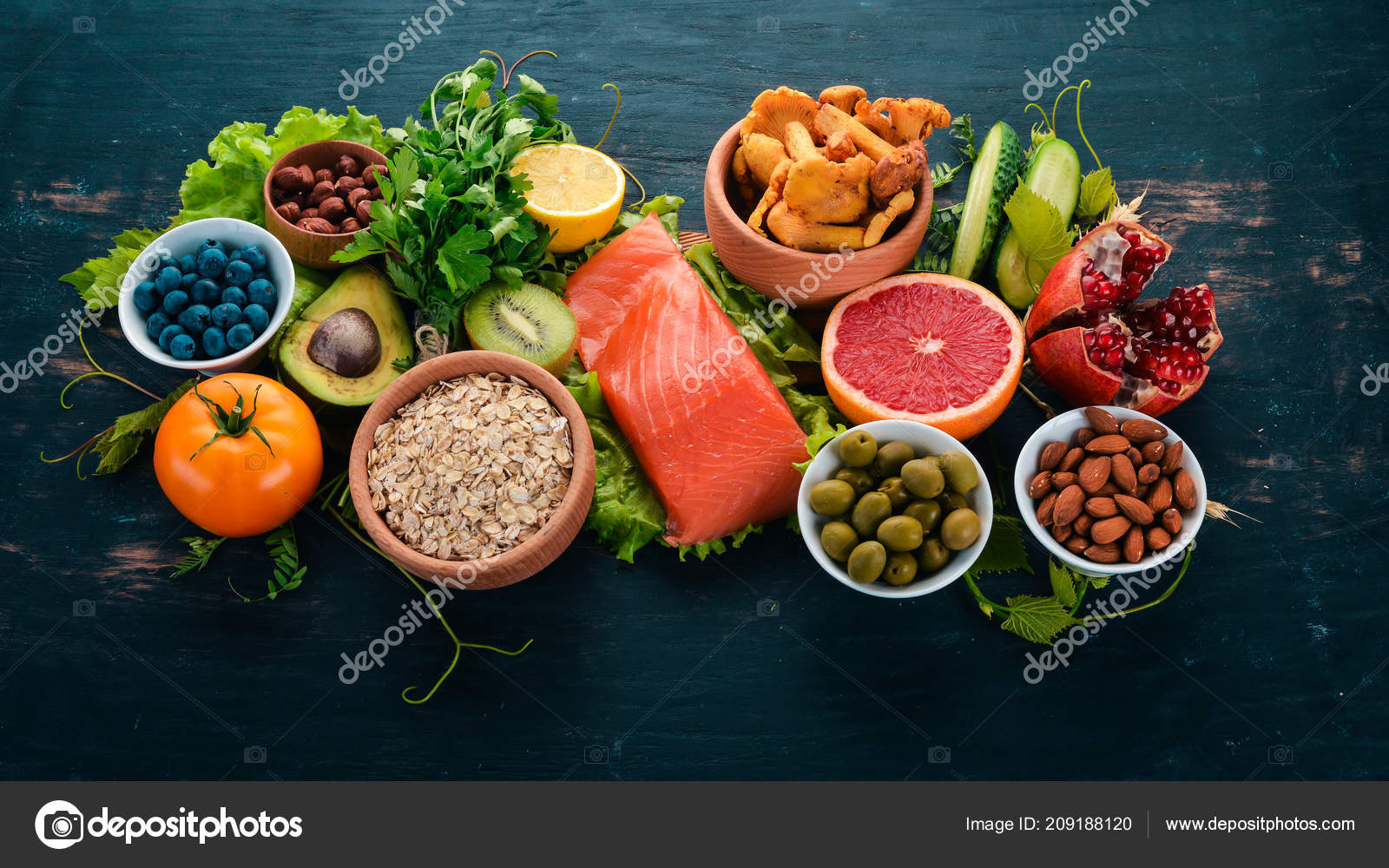 Set Healthy Food Fish Nuts Protein Berries Vegetables Fruits Black ...