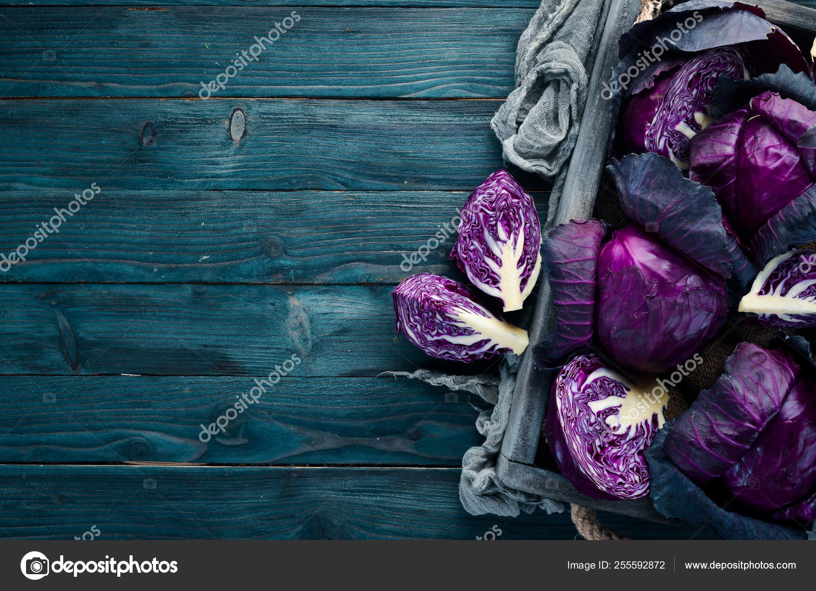 Purple Cabbage Wooden Box Organic Food Top View Free Space Stock Photo ...