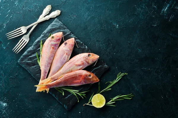 Salmonete Rojo Peces Marinos Mariscos Sobre Fondo Negro Vista Superior ...