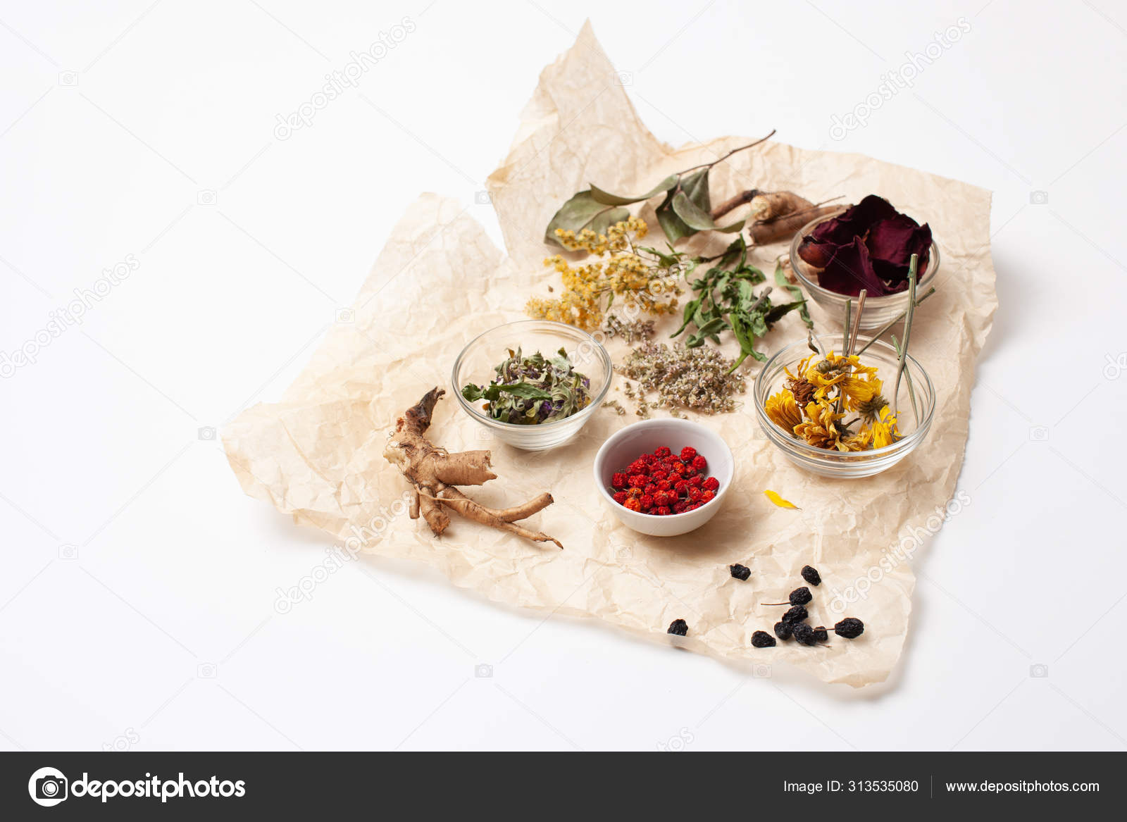 Herbal medicine ingredients on a white background Stock Photo by ...