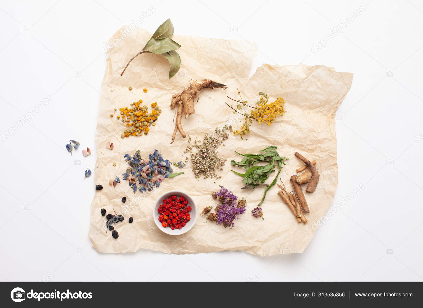 Herbal medicine ingredients on a white background — Stock Photo ...