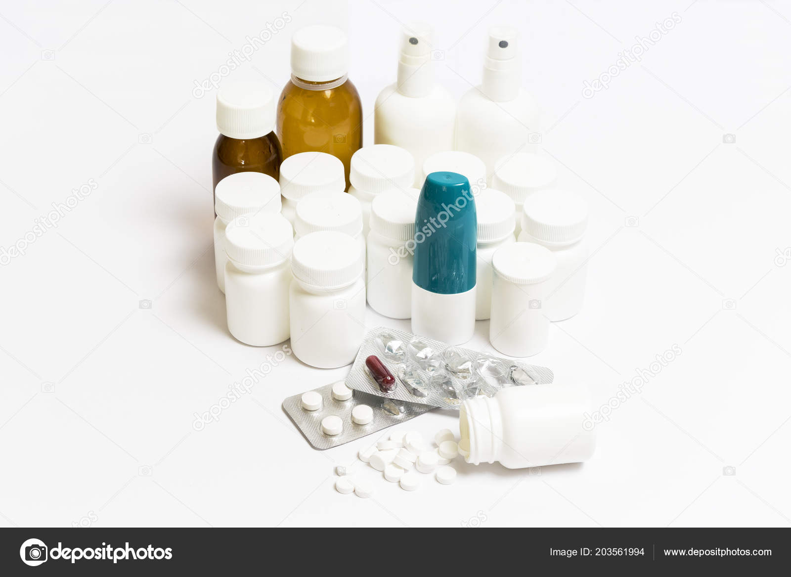Group Pills Medicine Bottles Spray Syrups White Background Stock Photo ...