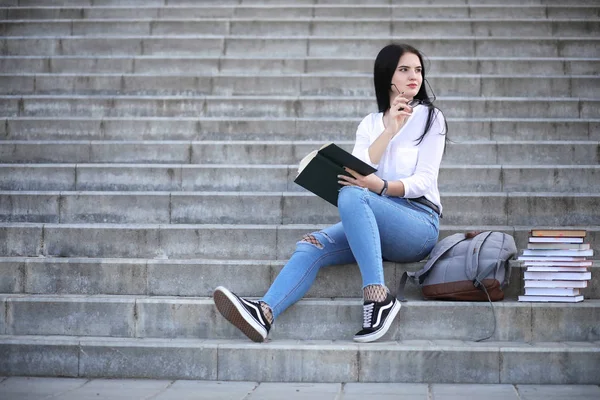 Young Woman Teenager Students Books Sit Stair — Stock Photo ...