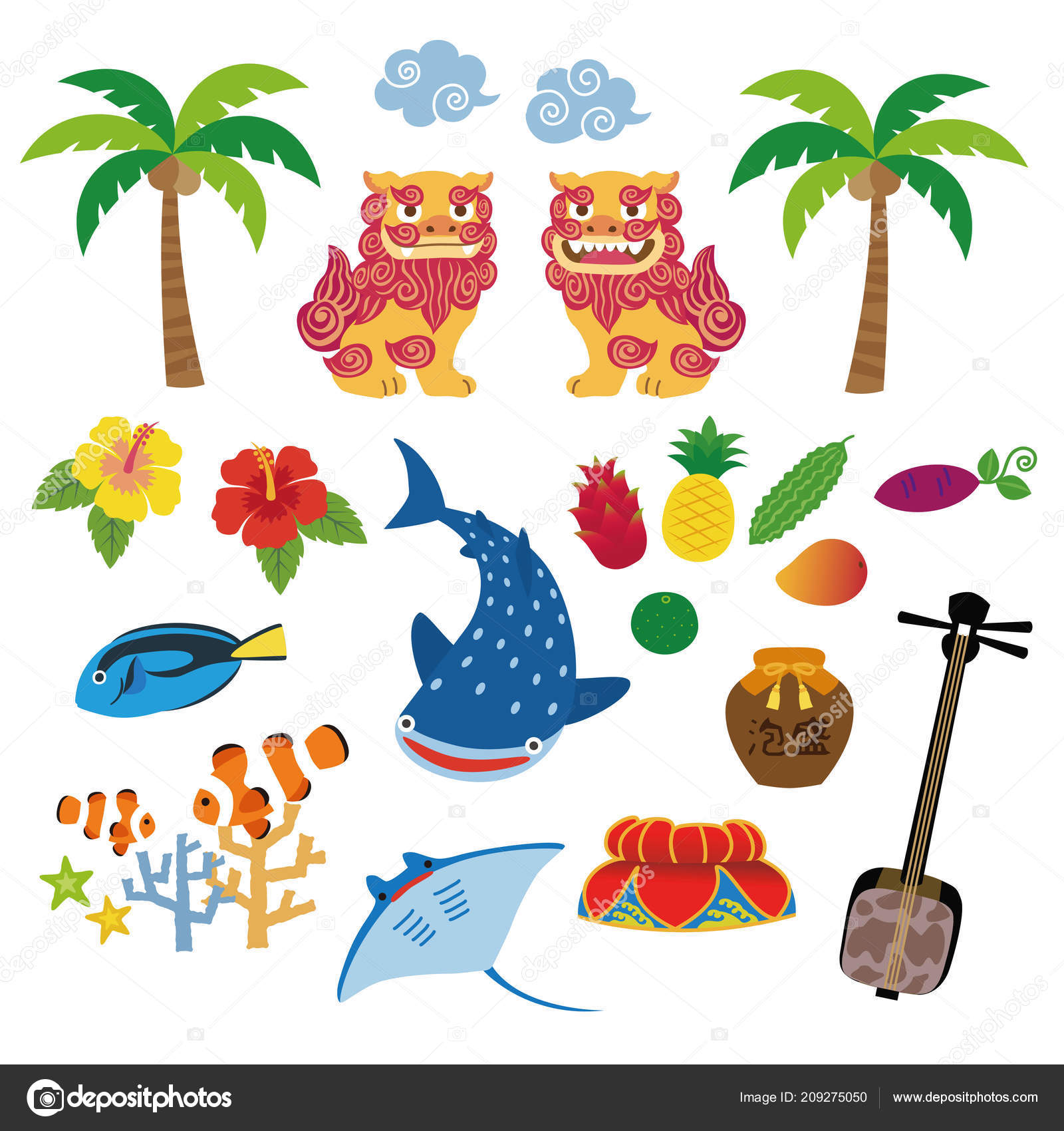 Okinawa Illustration Local Specialty Shisa Tropical Fruits Whale Shark ...