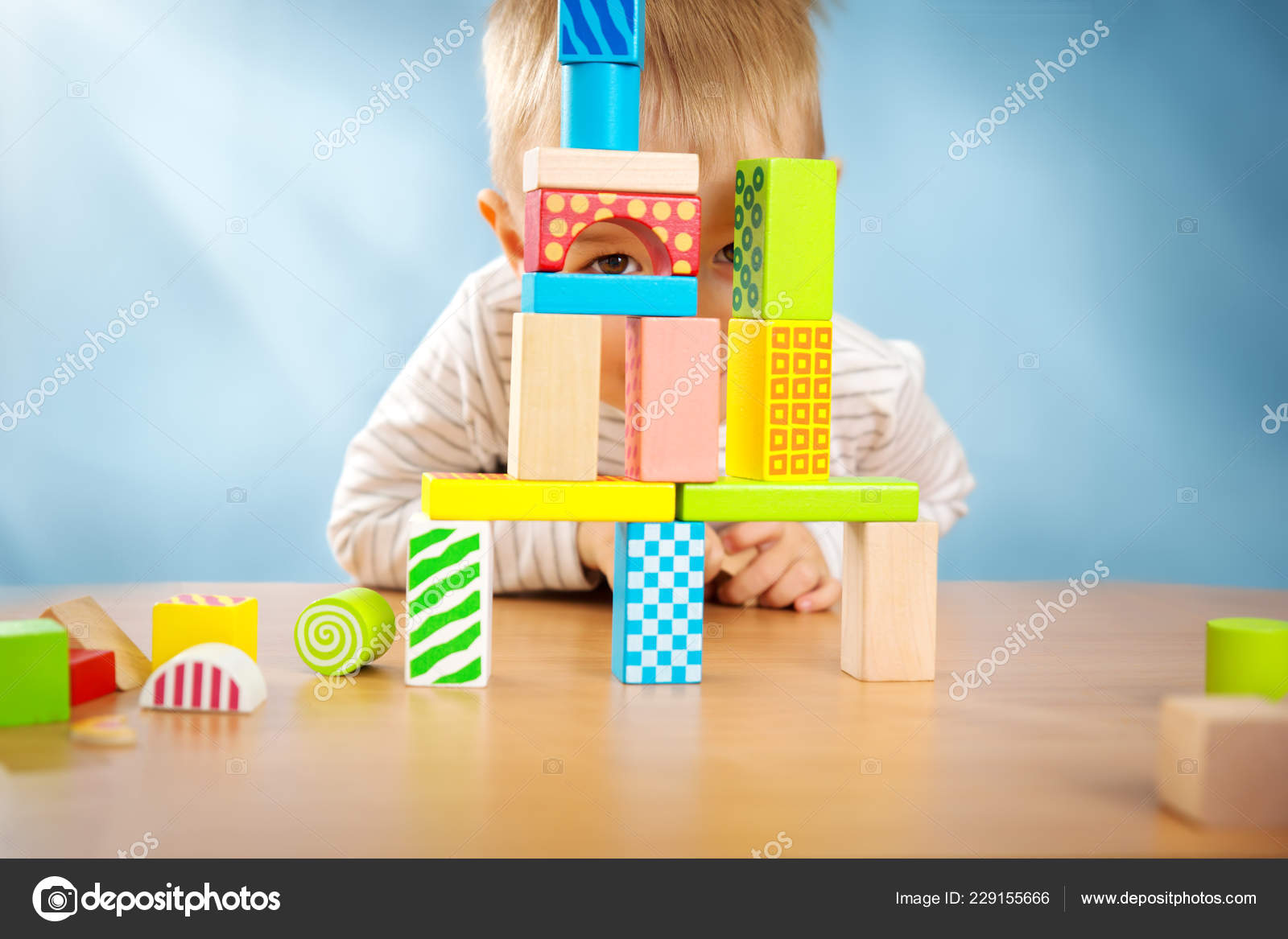 Portrait Two Years Old Child Stacking Wooden Cubes Pretty Little ...