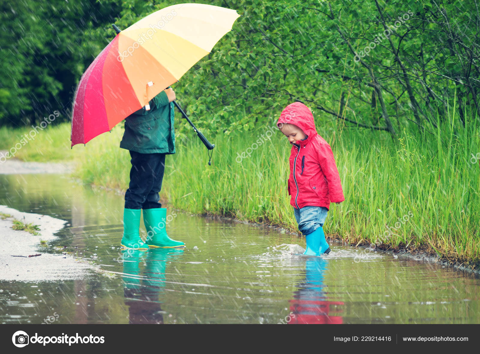 Children Walking Wellies Puddle Rainy Weather Boy Holding Colourful ...