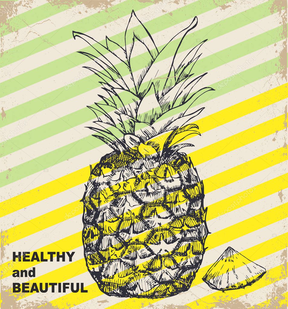 Plantilla de diseño de piña fresca. Fruta botánica. Piña grabada ...