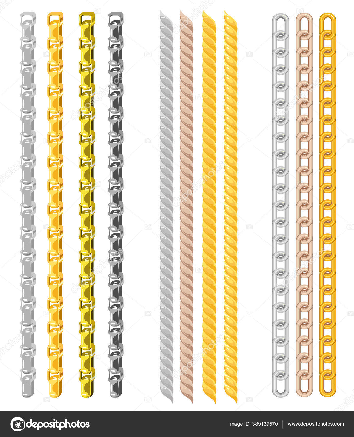 Set of chains made of different metals isolated on white. Gold and ...