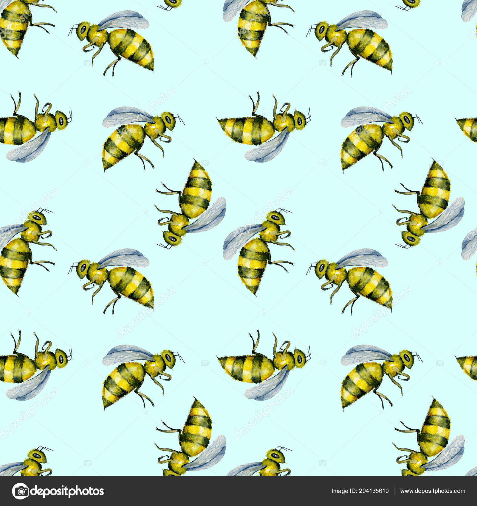 Seamless Pattern Watercolor Bees Hand Drawn Isolated Light Blue ...